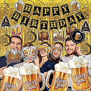 21st birthday decorations for him men - (60pcs) black gold party Banner, 40 Inch Gold Number Balloons,21st Sign Latex Balloon,Fringe Curtains and cheers to you Foil Balloons,Hanging Swirl,photo props