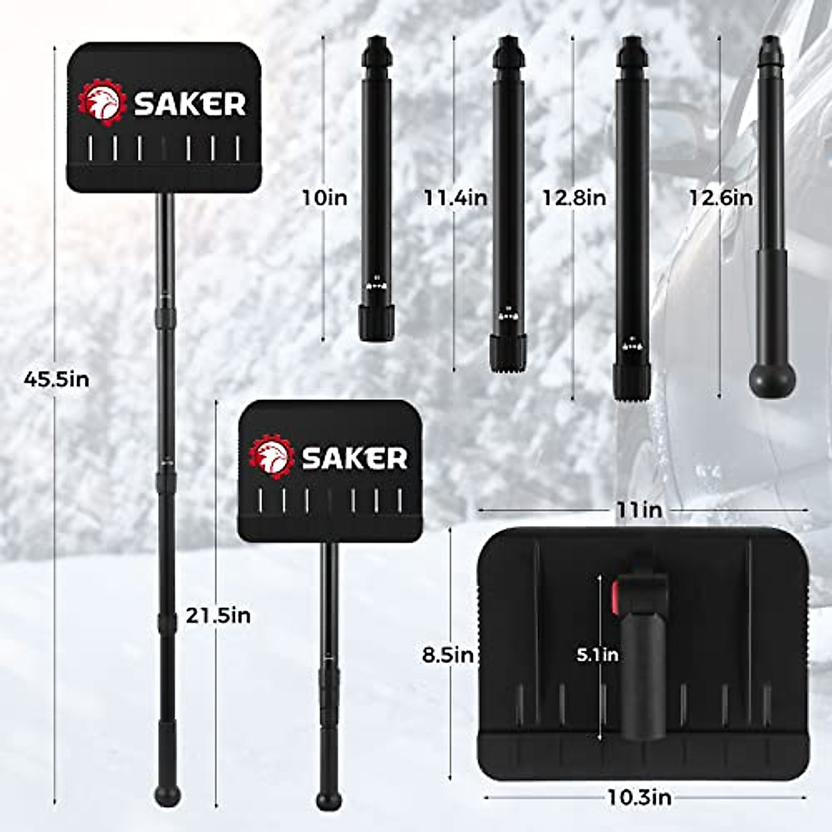 Saker Collapsible Snow Removal & Ice Scraper Kit-Extendable Ice Scraper|Extendable Grip Snow Scraper, Magical Car Windshield Ice Snow Remover Scraper Tool