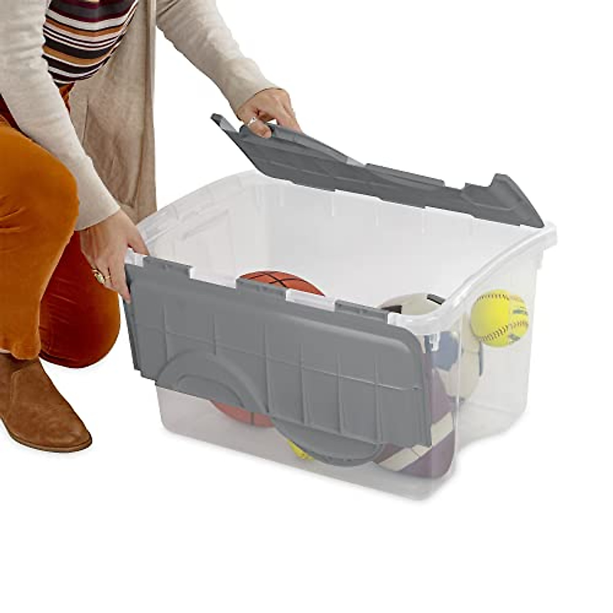 QTIQ 48 Qt. Hinged Lid Storage Box Plastic, Titanium, Set of 6