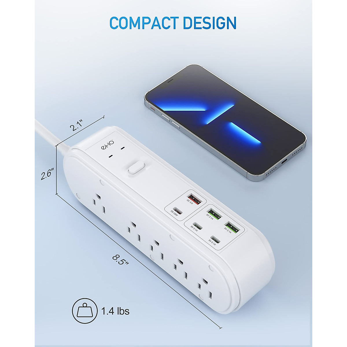 PD 20W Surge Protector, 10 Outlets and 3 USB C&3 USB A Ports, 6ft Extension Cord, Overload Protection, Desktop High-Speed Charging Station Power Bar for iPhone 14, 1875W/15A, 4500J