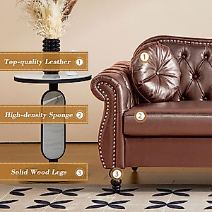 Modern PU Tufted Couch 3 Seater with Rolled Arms and Nailhead, Deep Button Nailhead Tufted Black Upholstered Couches, Roll Arm Classic Tufted Chesterfield Settee Leather Sofa for Living Room (Brown)