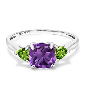 Gem Stone King 10K White Gold Purple Amethyst and Green Peridot 3-Stone Engagement Ring For Women (1.92 Cttw, 7MM Cushion and 4MM Trillion, Available In Size 5, 6, 7, 8, 9)