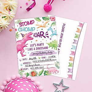 WERNNSAI 20 Sets Watercolor Dinosaur Party Invitation with Envelopes - Fill-in Invitations Cards for Girls Dinosaur Birthday Party Supplies Baby Shower Invites Double-Sided Printed T-Rex Cards