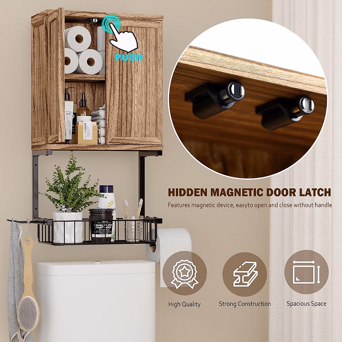 Yoimori Over The Toilet Storage, Double Door Bathroom Organizer,Bathroom Storage Space with Inner Adjustable Shelf and Toilet Paper Holder, Hooks, Wooden Bathroom Wall Organizer(Rustic Brown)