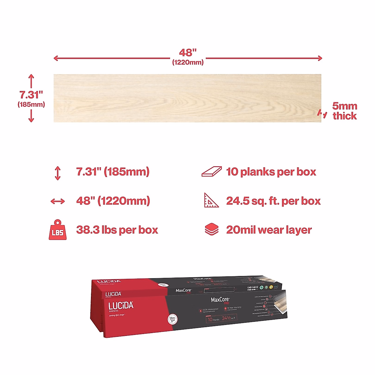 Lucida Surfaces Luxury Vinyl Flooring | Interlocking Flooring for DIY Installation | 10 Wood-Look Planks | CliCore | 24.5 Sq. Feet (10, NaturalOak, 10 Planks)