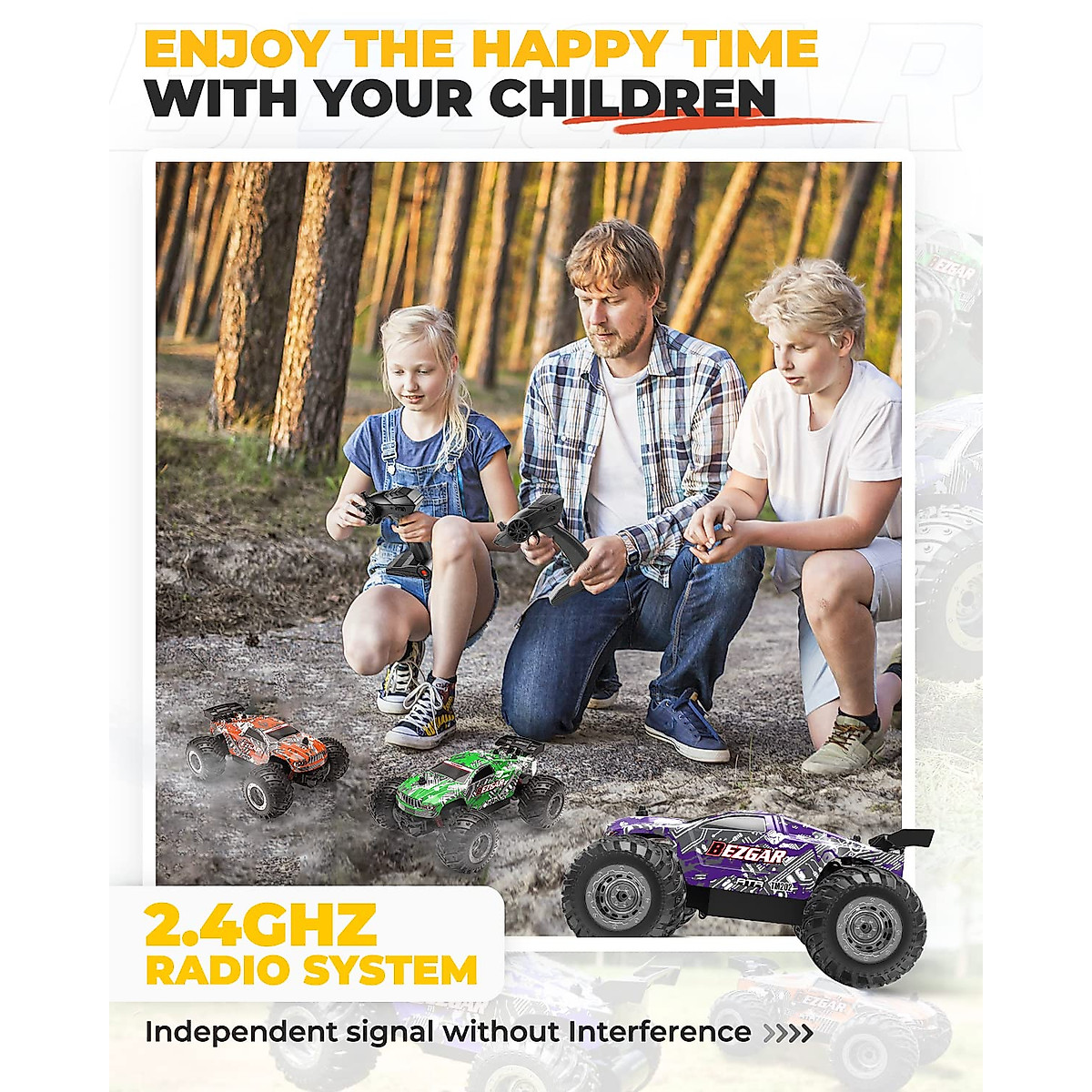 BEZGAR TM202 Toy Grade 1:20 Scale Remote Control Car,2WD Top Speed 15 Km/h Electric Toy Off Road 2.4GHz RC Monster Vehicle Truck Crawler with 2 Rechargeable Batteries for Boys Kids and Adults