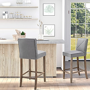 HOMCOM Modern Bar Stools Set of 2, Upholstered Bar Height Kitchen Stools with Build-in Footrest, Solid Wood Legs, Gray