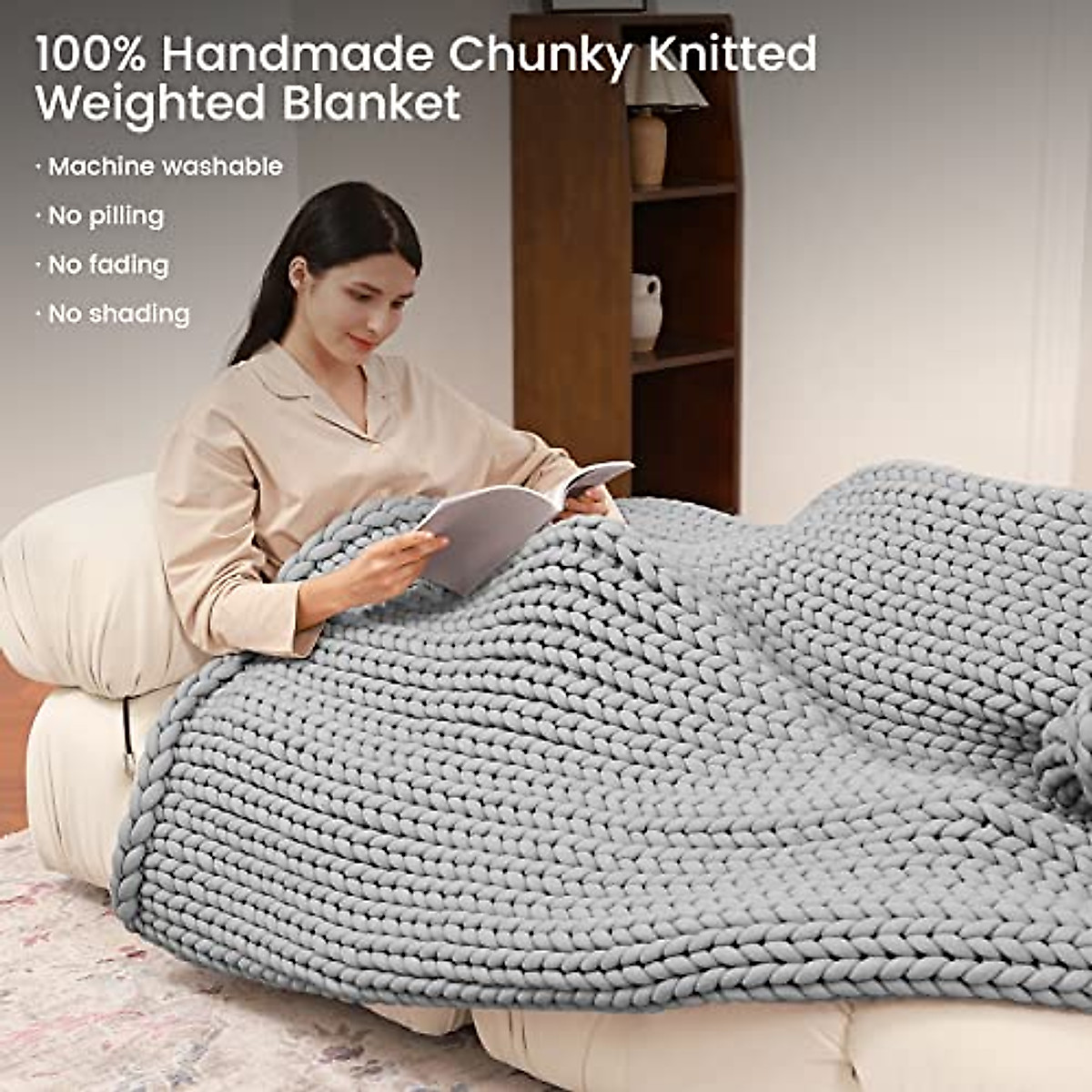 ZonLi Knitted Weighted Blanket 15 pounds (Light Grey, 48''x72''), Cooling Chunky Knit Weighted Blanket Twin Size, Handmade Cozy Home Decor for Sofa Bed