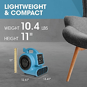 PURAERO Mini Air Mover | Carpet Dryer and Blower Fan | High-Velocity Floor Fan for Crawlspaces, Attics, Basements, Bathrooms | 1/5 HP 800 CFM | Water Damage Restoration, Grow Rooms | PA-200-AM | Blue