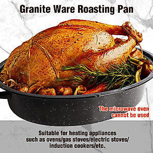 MorTime Granite Roasting Pan, 14.5" Enameled Oval Roaster Pot with Lid for Small Turkey, Chicken, Ham, Broiler Pan for Oven, Dishwasher