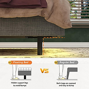 Full Size Floating Bed Frame with Charging Station,RGB Light,2-Tier Upholstered Headboard & 2 Hidden Storage Space,Heavy Duty Slat Support,Sturdy & Stable,Line Tufted, No Box Spring Needed, Dark Gray