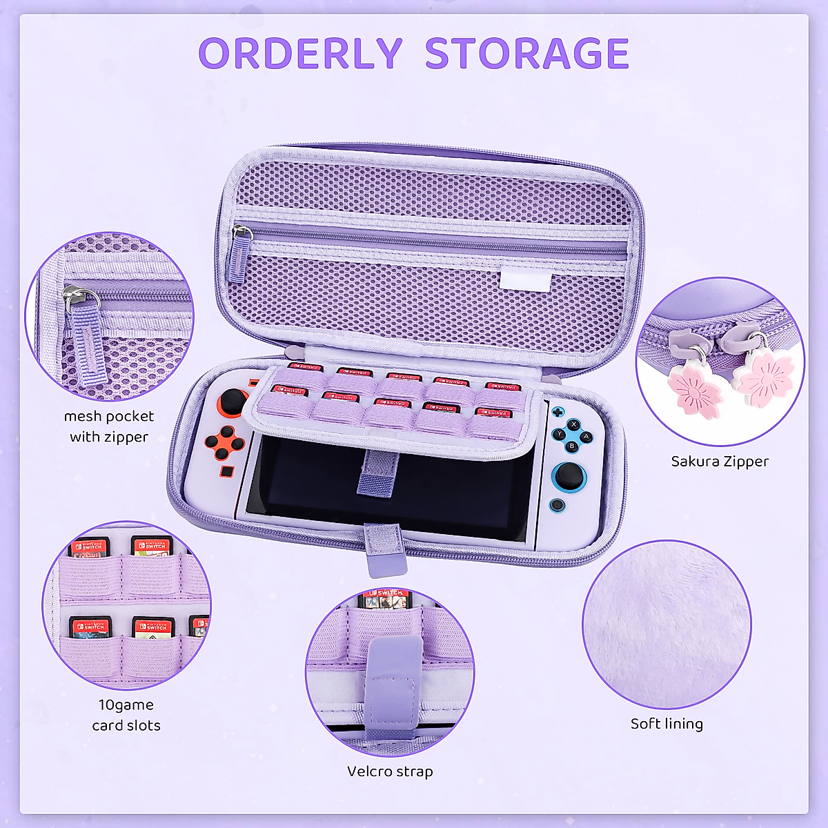 FANPL Case bundle for Nintendo Switch Accessories, Carrying Case for Switch and Joy Con Controller with Soft TPU Protective Cover and Screen protector, 4 Thumb Grips, Shoulder Strap - Purple