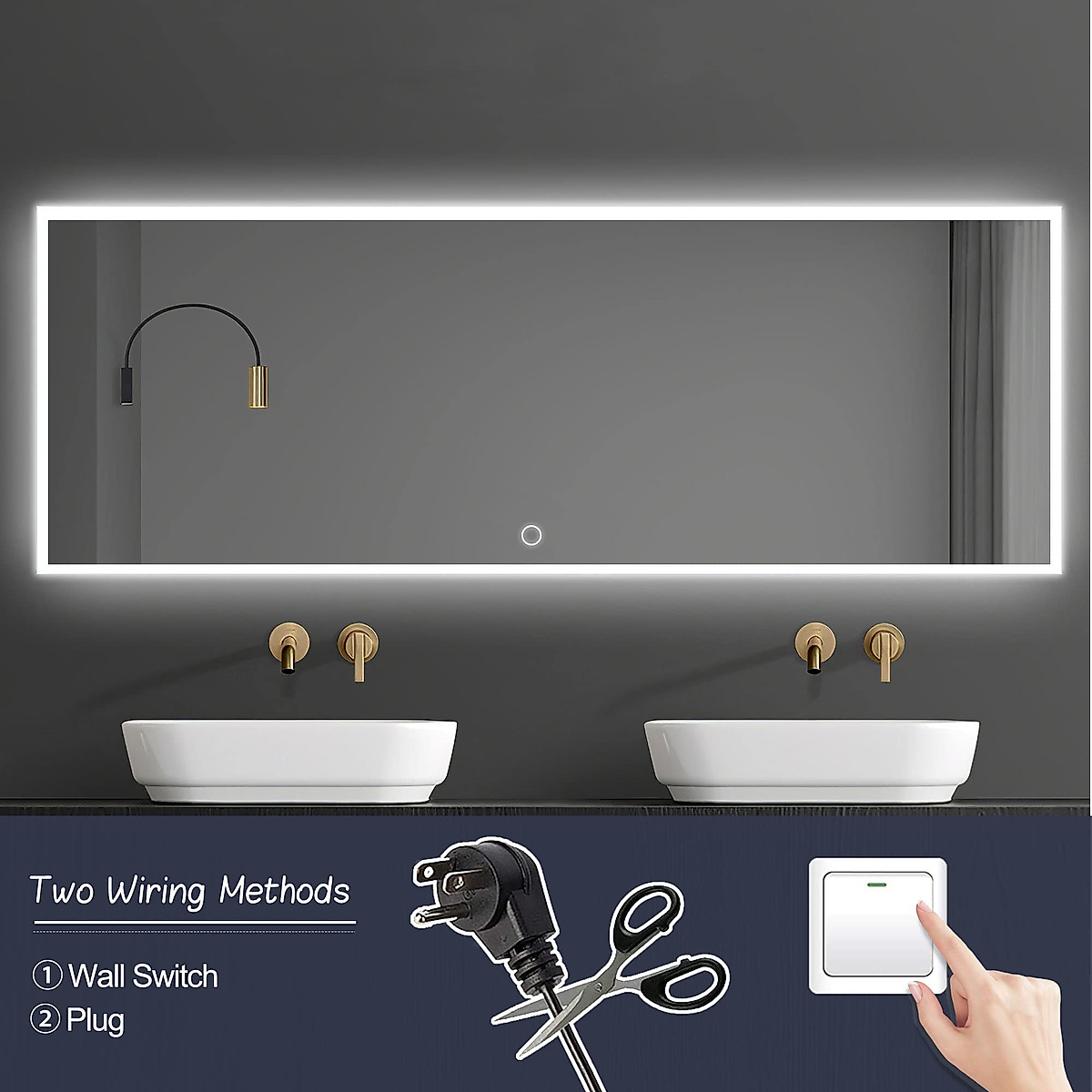 NeuType 65"x22" LED Mirror Full Length Large Rectangle Bedroom Bathroom Living Room Dressing Mirrors with Touch Button and Plug, Dimmable Lighting, Stepless Dimming, Burst-proof Glass, Anti-fog