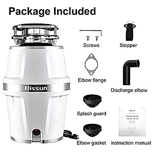 HISSUN Garbage Disposal, 3/4 HP Continuous Feed Kitchen Garbage Disposer with Power Cord, Household Food Waste Disposer with Super Quiet Motor & Flange Included - White