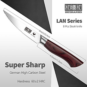 HOSHANHO Steak Knife Set 8 Pieces, 4.5 Inch Super Sharp German High Carbon Stainless Steel Steak Knife Set, Professional Premium Serrated Precise Cutting with Ergonomic Wood Handle