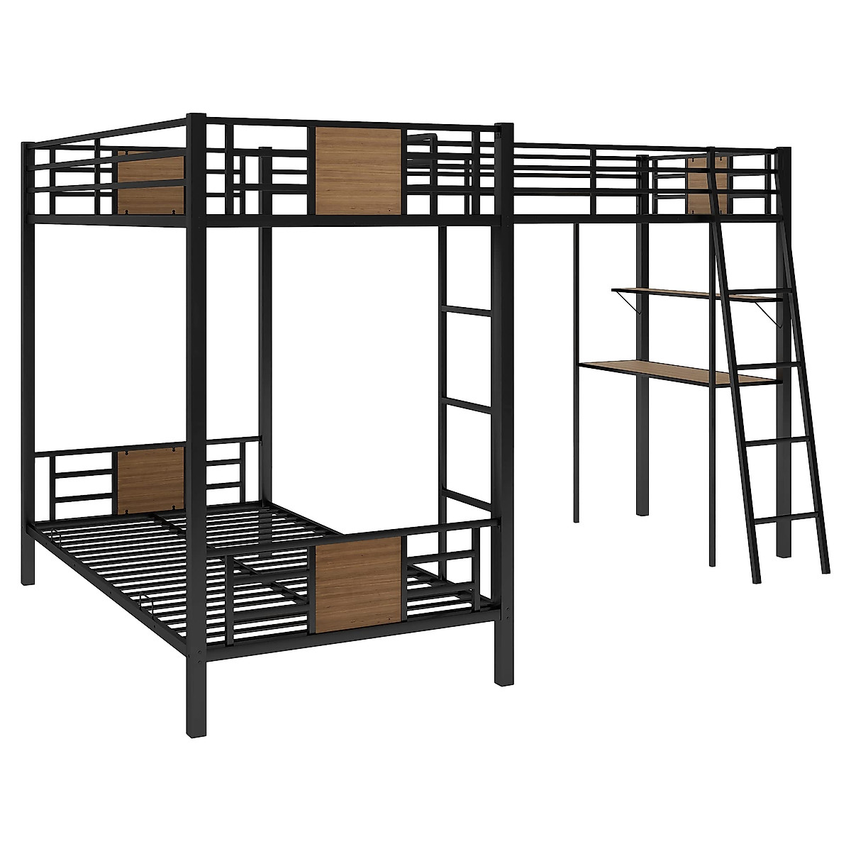 Eafurn Metal Triple Bunk Beds with Desk,Heavy Dust L-Shaped Metal Bunk Bed with Storage Shelf, Twin Over Twin Bunk Bed with A Twin Loft Bed Attached, 3 Bed Bunk Beds for Kids Teens