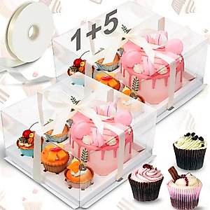 Sayglossy Bento Cake and Cupcake Box 1+5 Bento Boxes for Mother's Day Wedding Birthday Party Baby Shower Bakery Supplies(2 Pack,White)