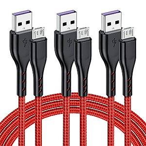 Kithumi Micro USB Cable 10Ft 3 Pack, 10 Feet Long Android Charger Cable, Durable Premium Nylon Braided Fast 10 Foot Phone Charger Cord for Samsung Galaxy S7 S6 S7 S5,Note 5 (Red)