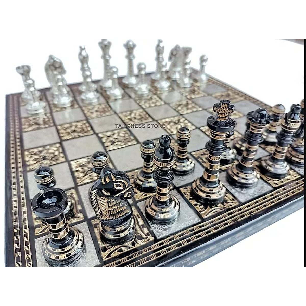12" Solid Brass Metal Chess Set Pieces & Board with Velvet Storage Box | Brass Metal Luxury Chess Set | Antique Chess Set for Gifts