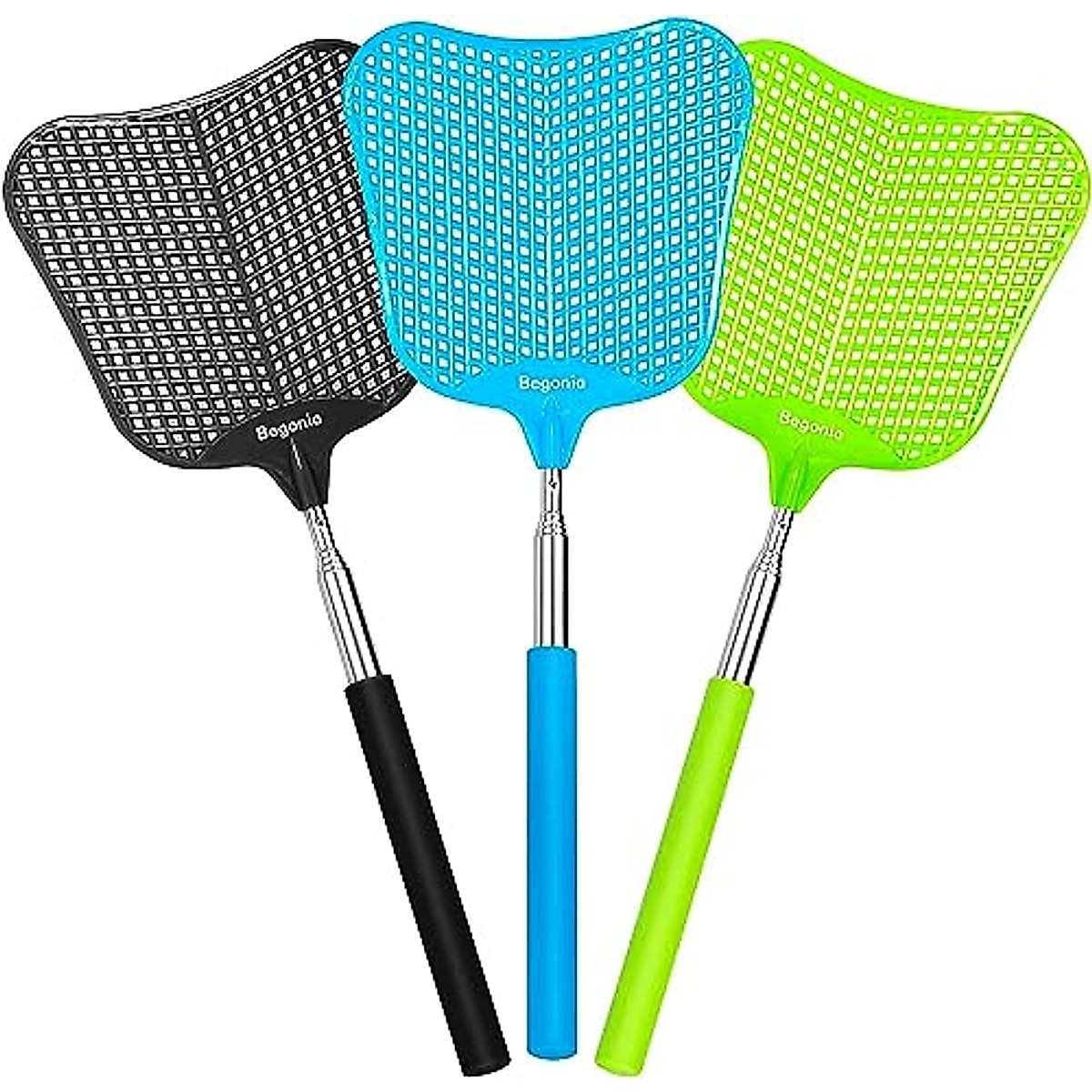 Fly Swatters-Begonia Telescopic Flyswatter Heavey Duty Set with Stainless Steel Extendable Handles for Indoor/Outdoor/Classroom/Office (3 Pack)