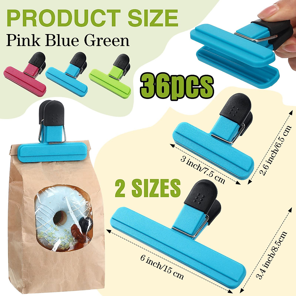 36 Pcs Large Chip Bag Clips bulk 12 Large and 24 Small Size Plastic Food Bag Clips Reusable Kitchen Clips Air Tight Food Clips Heavy Duty Seal Grip for Snack Vegetables Fruit Storage Container