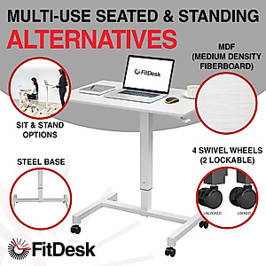 FitDesk Adjustable Desk- Height Adjustable Laptop Desk- Stand Up Desk- Pneumatic Standing Desk- Portable Desk for Laptop- Adjustable Mobile Desk- Portable Office Desk for Home Office- White, 27"