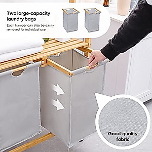 Homde Laundry Basket,Bamboo Laundry Sorter Cart Rolling with Clothes Hanging Rod, 2 Section Laundry Hamper with Wheels, Removable Sliding Bags, Utility Laundry Storage Organizer for Bathroom