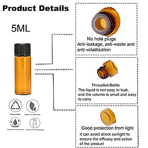 SKYPRO 5ml Mini Amber Glass Bottles with No-Hole Plugs and Cap for Essential Oils, Chemistry Lab Chemicals, Colognes & Perfumes(10Packs)