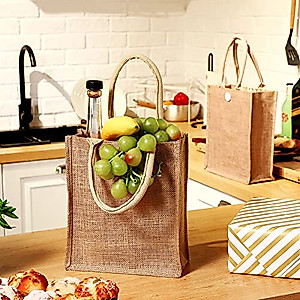 10 Pcs Burlap Tote Bags with Handles and Button Reusable Grocery Bags Blank Bridesmaid Gift Bags for Shopping Wedding Party Beach Favors, 11 x 9.4 x 4 Inch (Khaki)