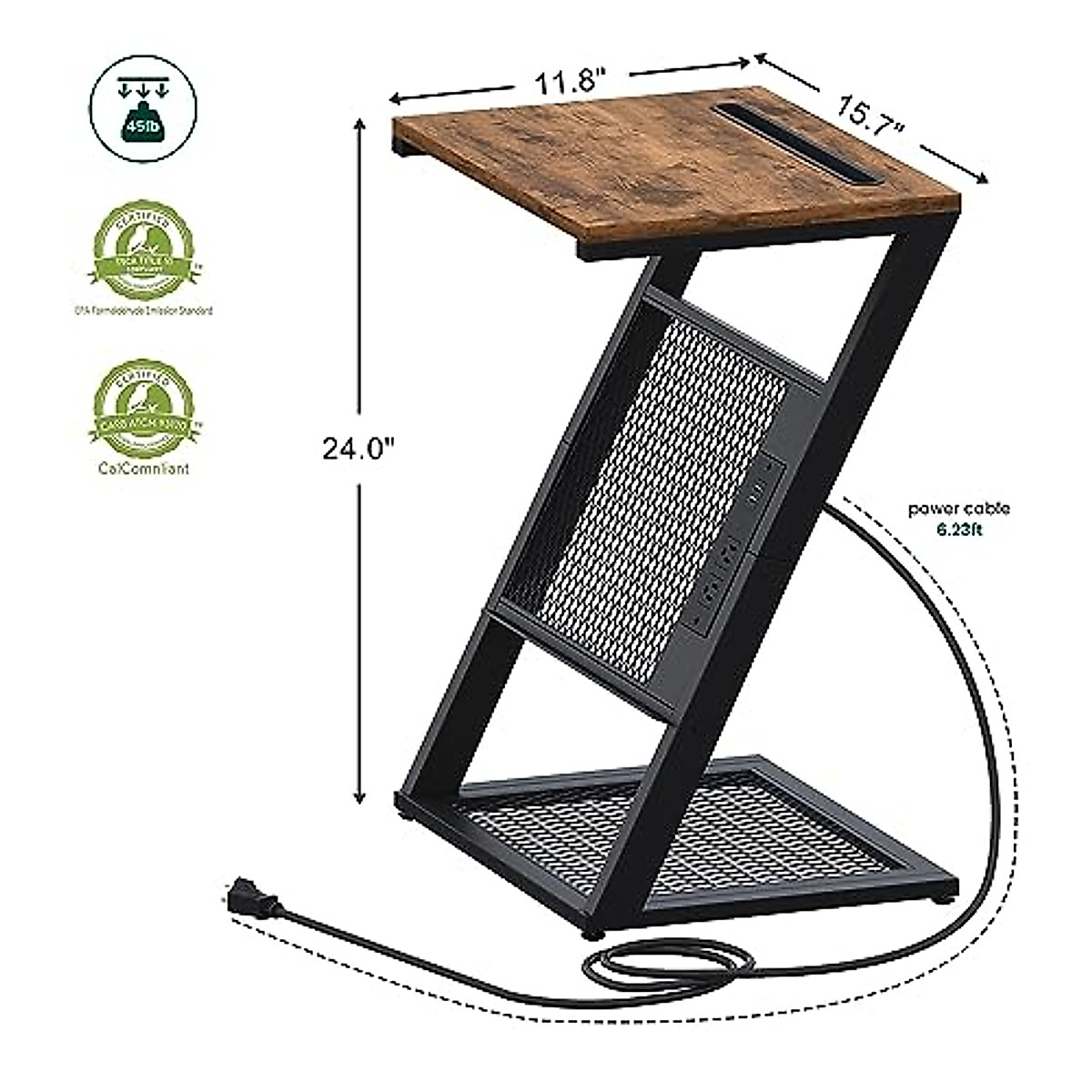 Yifeel End Table Set of 2 with Charging Station, Side Table with Storage Shelf, Bedside Table, Nightstand for Small Spaces, Living Room, Bedroom, Rustic Brown and Black JET002CSR2