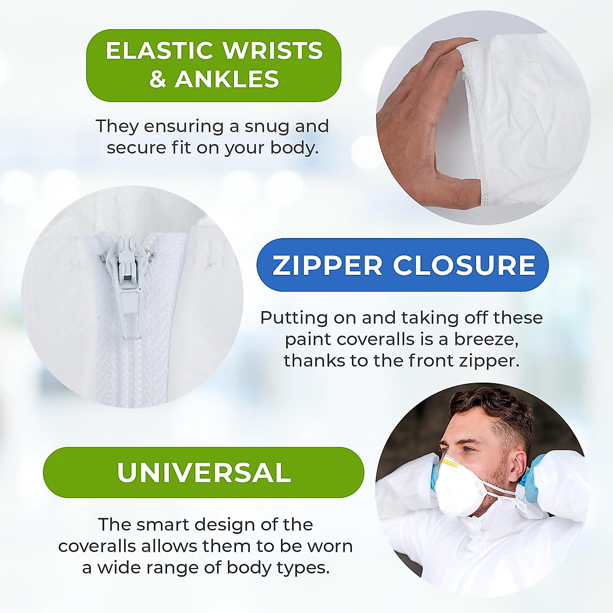 AMZ Disposable Coveralls with Hood, 3X-Large. Pack of 5 White Microporous Lab Coveralls Disposable. 60 GSM Painters Suit Disposable with Storm Flap Zipper Cover. Painters Suit Disposable. Hazmat Suit