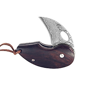 EZKIT Damascus Pocket Knife, Small Folding Wood Handle EDC Knife, Blade Length 2in