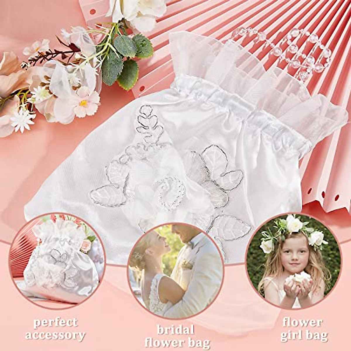 CRASPIRE Wedding Bride Handbag Rose Satin Bridal Wedding Money Bag White Rose Embroidery Silk Drawstring Bag with Pearl for Dollar Dance Bridal Purse Wedding Favor Party