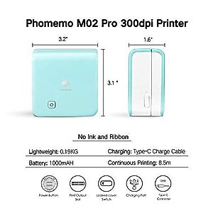 Phomemo M02 Pro Pocket Printer - with 3 Rolls Transparent Gold Paper， Compatible with iOS + Android for Plan Journal, Study Notes, Art Creation, Work, Gift