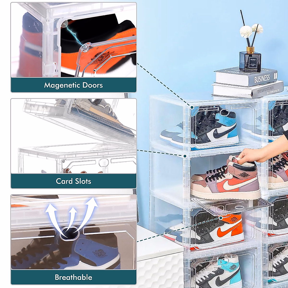 ELUCHANG Clear Shoe Storage Boxes, Large Plastic Stackable Shoe Organizer for Closet, Portable Foldable Shoe Box for Sneaker,Enterway, Under the Bed, Bathroom,Cabinet, Men, Women, Fit Up to US 14