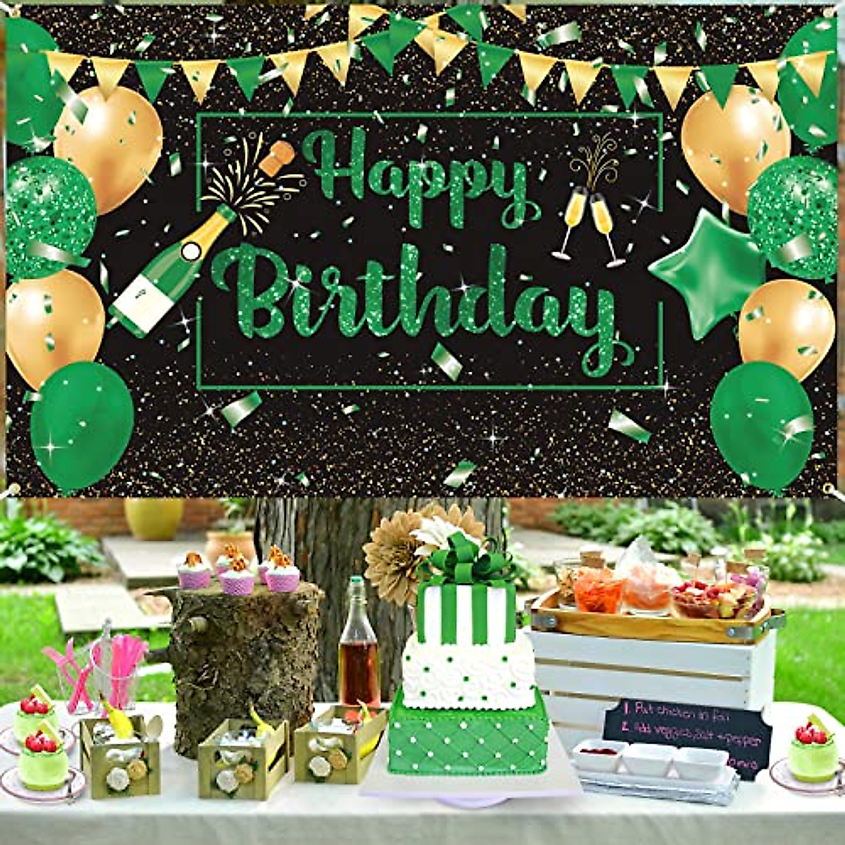 Green Black Gold Birthday Party Decoration Banner, Green Black Happy Birthday Backdrop Banner, Large Green Black Gold Birthday Banner Photo Background Party Decoration for Men Women Boys Girls