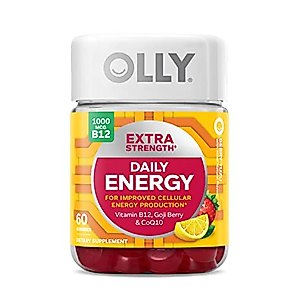 OLLY Extra Strength Daily Energy Gummy, Caffeine Free, 1000mcg Vitamin B12, CoQ10, Goji Berry, Adult Chewable Supplement, Berry Yuzu Flavor - 60 Count