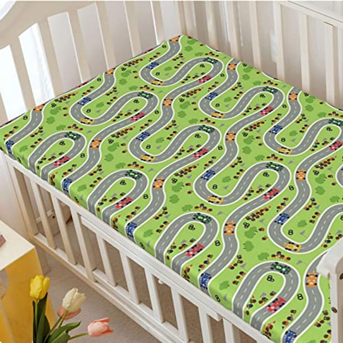 Race Car Themed Fitted Crib Sheet,Standard Crib Mattress Fitted Sheet Ultra Soft Material-Great for Boy or Girl Room or Nursery,28“ x52“,Green Multicolor