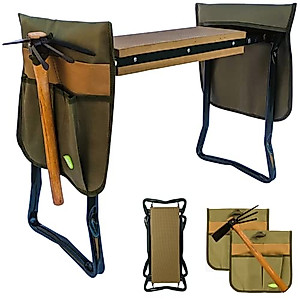 Truly Garden Upgraded Foldable Garden Kneeler and Seat - Includes Cultivator Hoe Garden Tool and Two Tool Pouches. Lightweight and Heavy Duty with Comfortable EVA Foam Pad