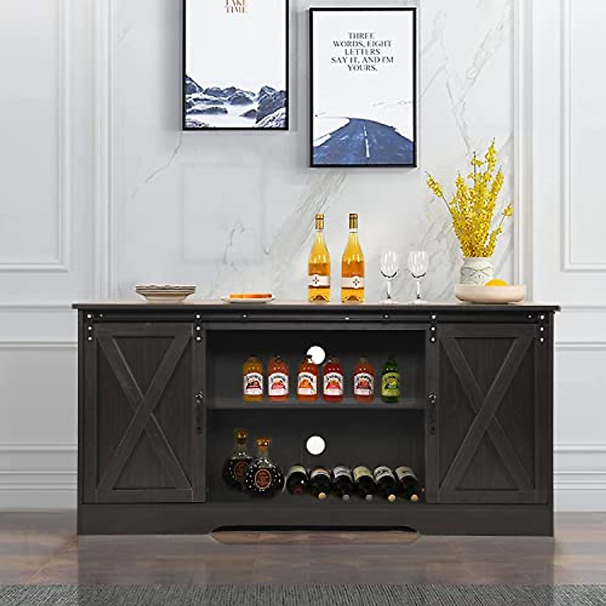 4 EVER WINNER Buffet Cabinet with Storage, 60” Kitchen Sideboard Cabinet with Sliding Barn Doors, Farmhouse Coffee Bar Cabinet Black Buffet Server Cabinet for Living Room Dinning Room, Espresso