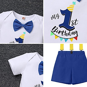 1st First Birthday Outfit Baby Boy Cake Smash One Year Old Party Newborn Toddler Bow Tie Cotton Short Sleeve Romper Shorts Pants Y-back Suspenders 3PCS Clothes Set Photo Shoot Royal Blue 12-18 Months