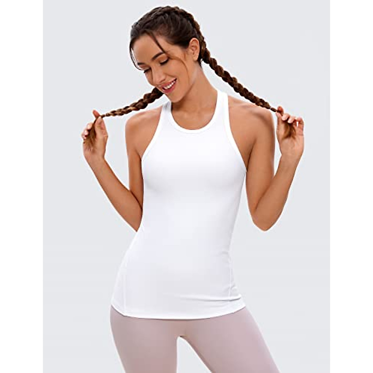 CRZ YOGA Butterluxe Womens Workout Racerback Tank Top High Neck Athletic Camisole Tanks Running Sleeveless Tops Gym Shirts White Medium