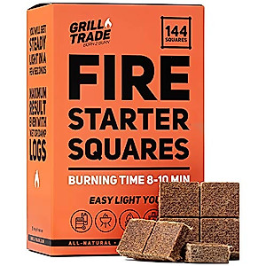 Grill Trade Fire Starter Squares 144, Easy Burn Your BBQ Grill, Camping Fire, Wood Stove, Smoker Pellets, Lump Charcoal &Natural Fire Starters Burn Wood Stove Grill Fireplace Camping Pit BBQ Charcol