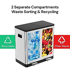 SunsGrove Trash Can 60L/16 Gallon Dual Trash Bin Recycle Bin with Dual Compartments Stainless Steel Step Garbage Can with Soft-Close Lid & Foot Pedals Recycling Bin for Kitchen/Office