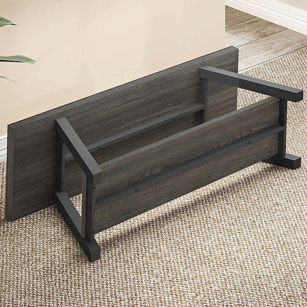 LVB Storage Bench, Industrial Indoor Entryway Bench, Wood Metal Hallway Accent Bench for Sitting, Rustic Shoe Rack Organizer Cabinet in Foyer Bedroom Living Room, Dark Gray Oak, 47 Inch Long