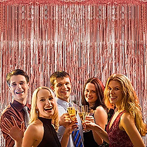 2PCS Rose Gold Foil Fringe Curtains Photo Backdrop,3ft x 8.3ft Metallic Tinsel Curtains for Birthday Wedding Engagement Bachelorette Party Bridal Shower Baby Shower Decorations Favors Supplies