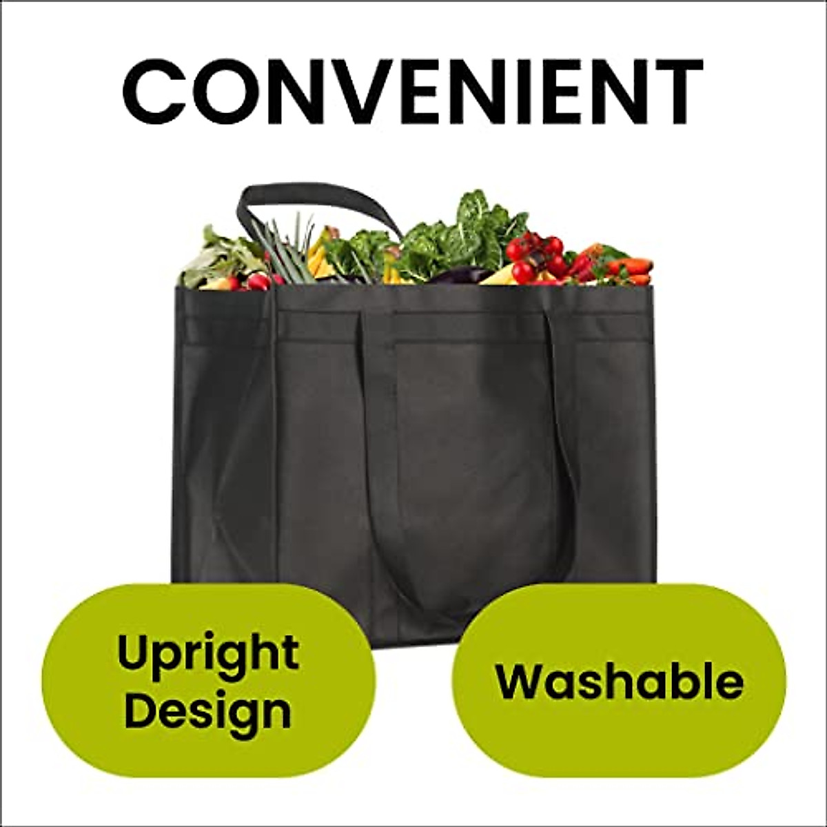 NZ home XL Reusable Grocery Shopping Bags, Heavy Duty Shopping Tote, Stands Upright, Foldable, Washable (Black 5 Pack)