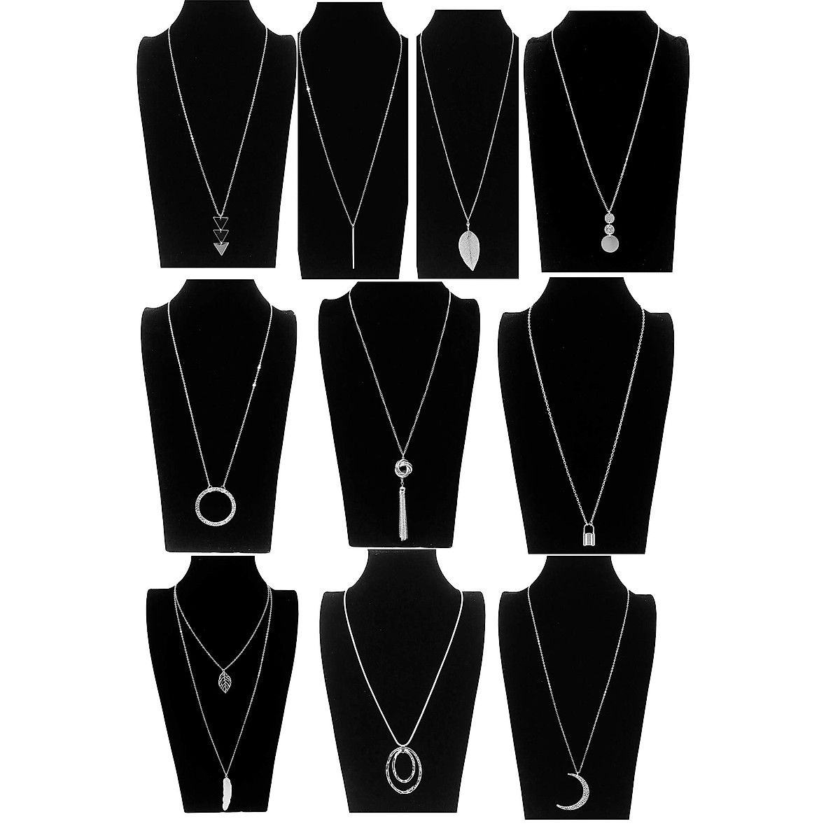 Ofeiyaa 10Pcs Long Pendant Necklace Simple Moon Bar Three Triangle Tassel Lock Sweater Y Shape Punk Chain Choker Necklace for Adults Women Silver Tone