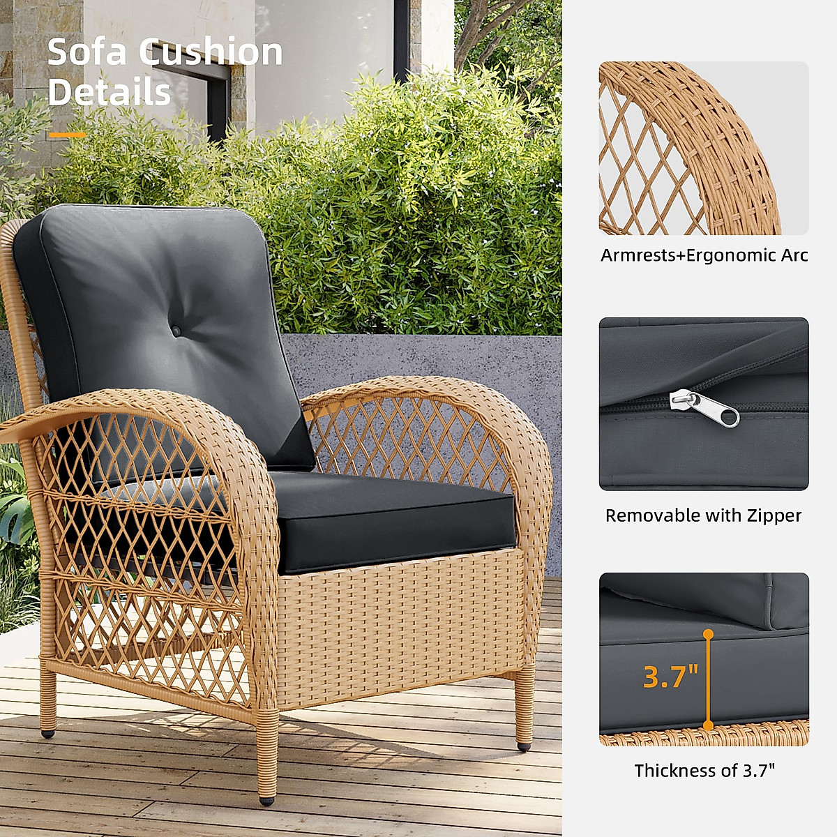 UPHA Patio Outdoor Furniture Set, Beige PE Rattan Patio Conversation Sets, 4 Pieces Wicker Patio Set with Loveseat, 2 Chairs, Coffee Table and Cushions for Backyard, Porch,Darkgrey