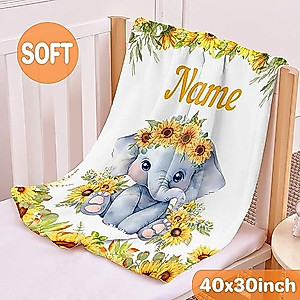 Personalized Baby Blanket Gifts for Girls Boys-Super Soft Comfy Flannel Throw Custom Name Sunflower Elephant Newborns Gift Cozy Nursery Toddler Fleece Blankets for Birthday Bed Sofa-30''x40''